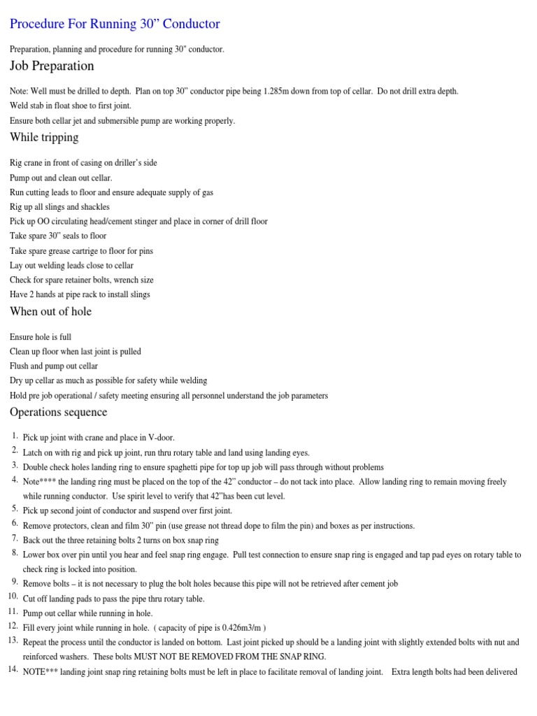 Procedure For Running 30" Conductor | PDF | Drilling Rig | Screw