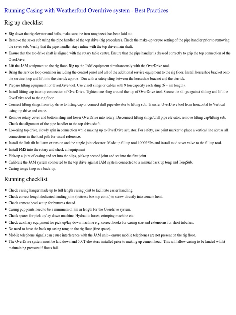Running Casing With Weatherford Overdrive System - Best Practices | PDF ...