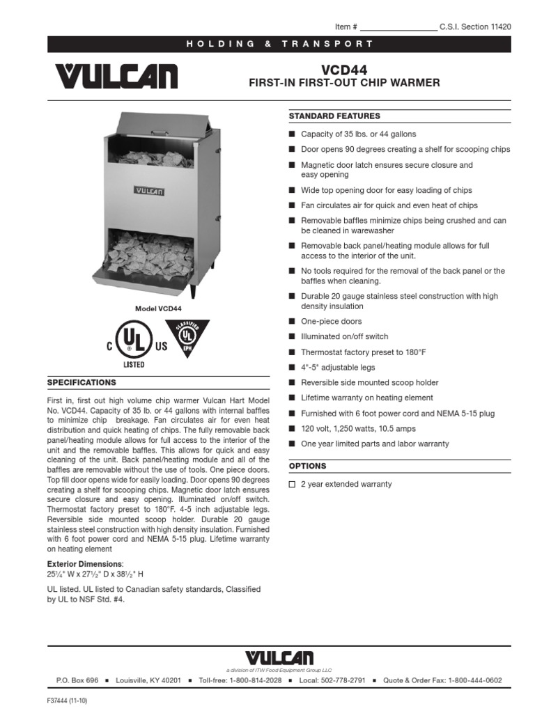 Vulcan VCD44 Chip Warmer Overview | PDF | Door | Manufactured Goods
