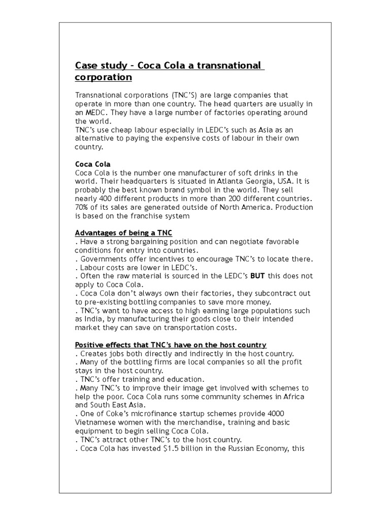 Case Study - Coca Cola A Transnational Corporation | PDF | Economies ...