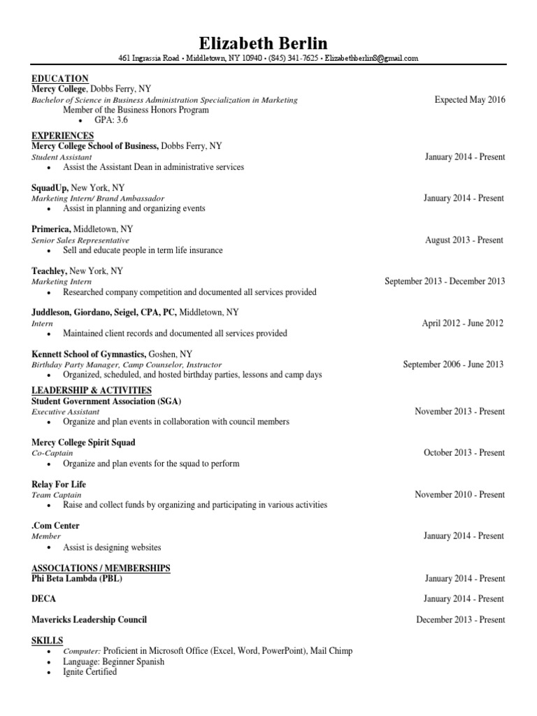 Elizabeth Berlin Resume | PDF | Business | Students