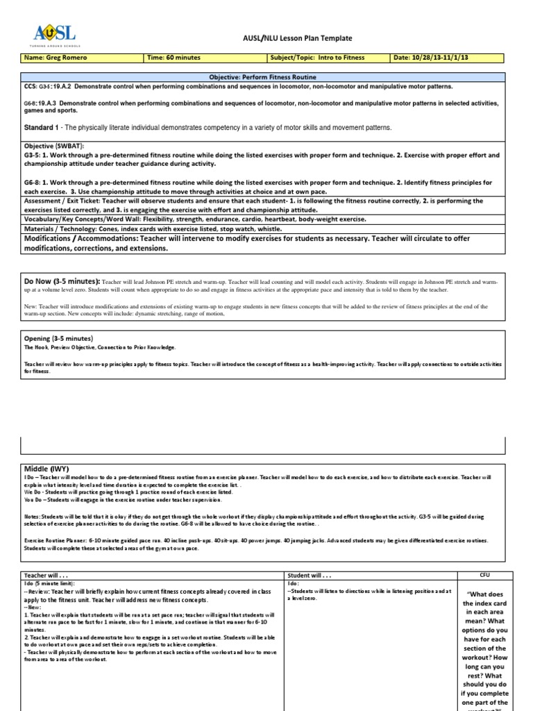 AUSL/NLU Lesson Plan Template | PDF | Physical Fitness | Lesson Plan
