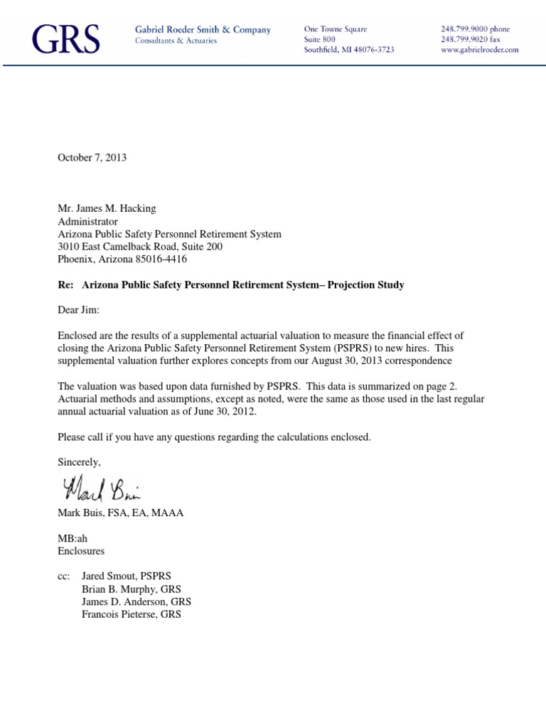 Re: Arizona Public Safety Personnel Retirement System - Projection ...