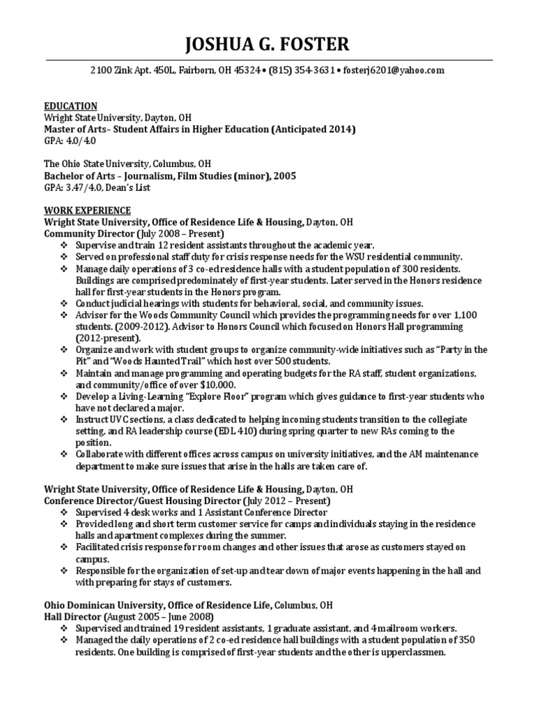 Foster Resume 14 | PDF | Academia | Students