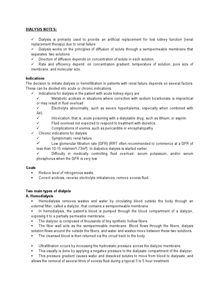 Dialysis Notes 1 | Download Free PDF | Dialysis | Hemodialysis