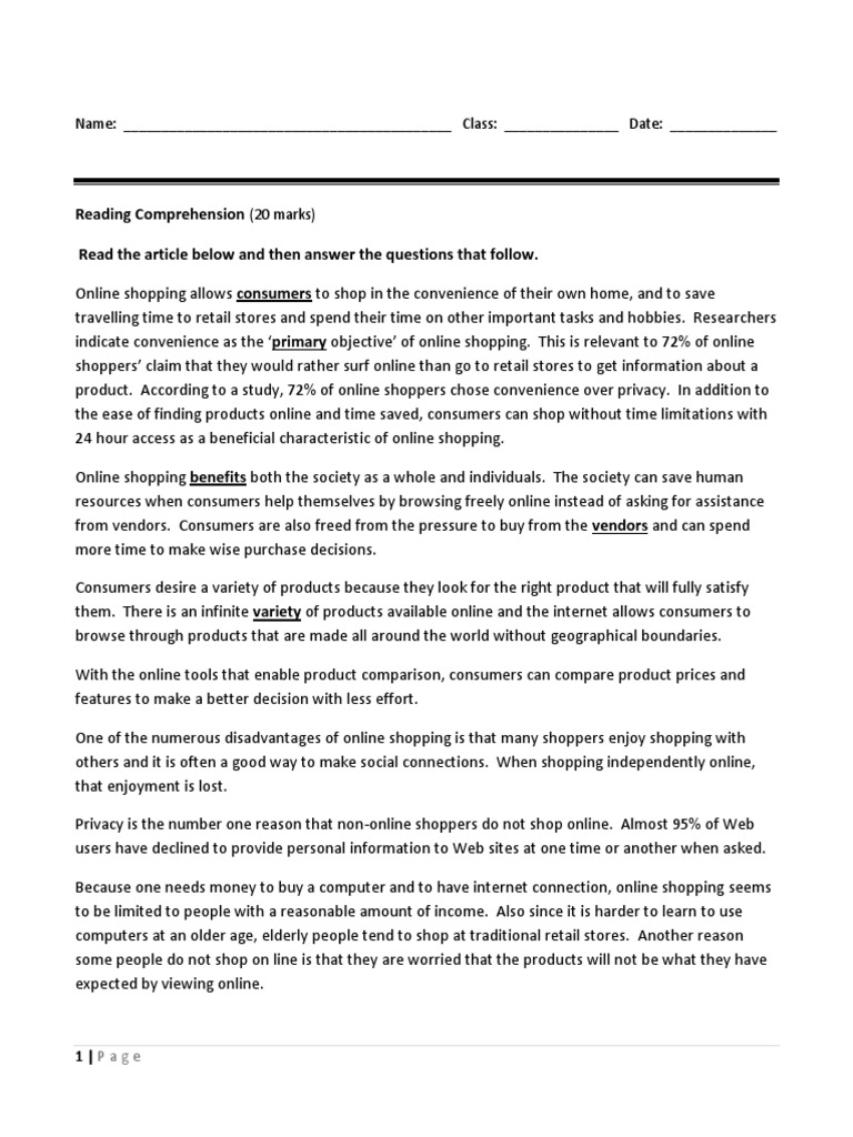 Reading Comprehension Read The Article Below and Then Answer The ...