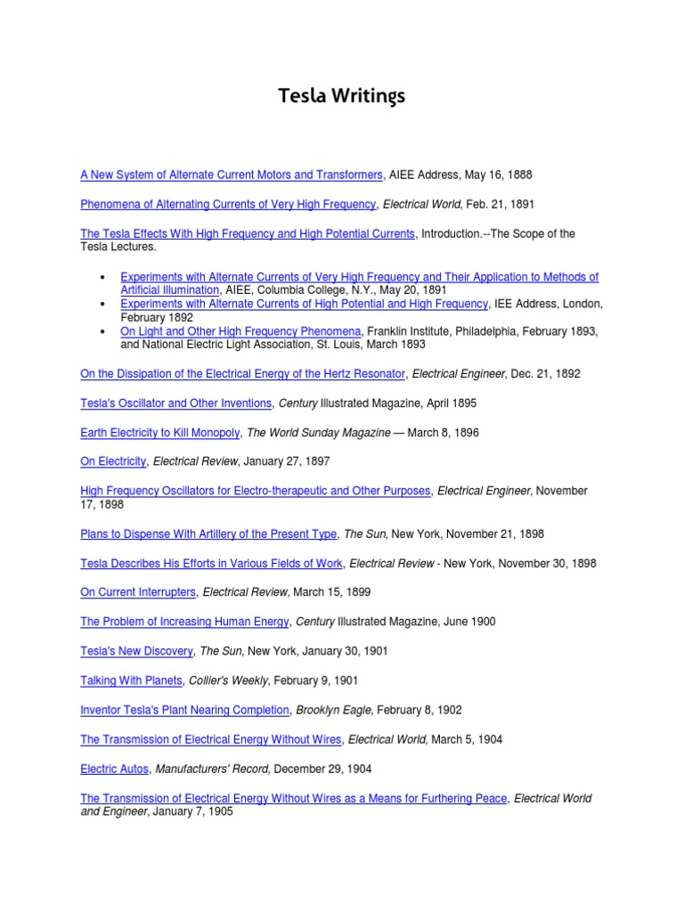 Tesla Writings | PDF | Nikola Tesla | Alternating Current