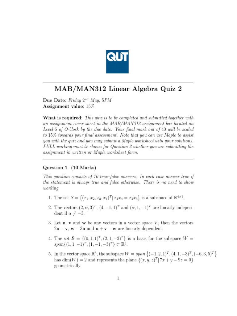 Linear Algebra Quiz | PDF | Basis (Linear Algebra) | Linear Subspace