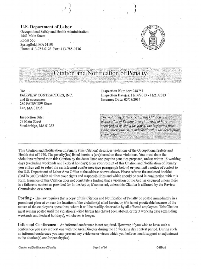 OSHA citation of Fairview Contractors Inc. of Lee, Ma. | Occupational ...