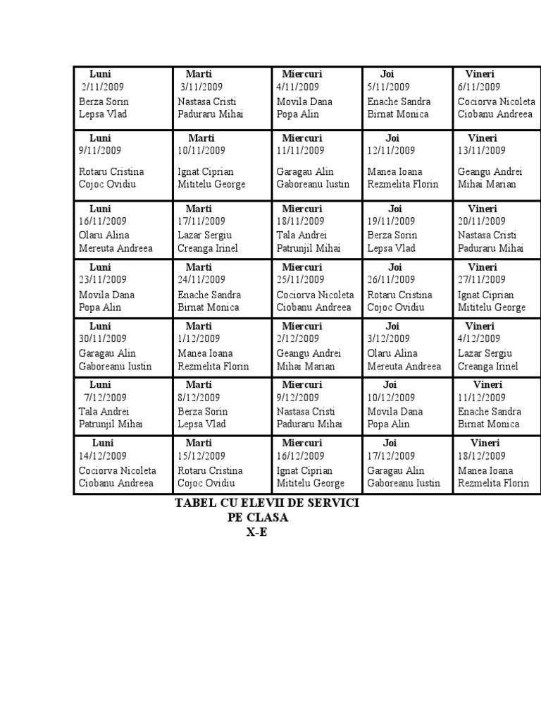 Tabel Cu Elevii de Servici | PDF
