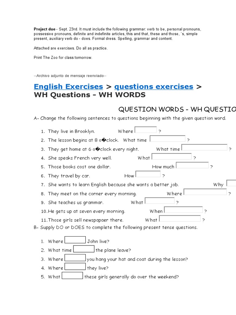 English Exercises Questions Exercises: WH Questions - WH WORDS | PDF ...