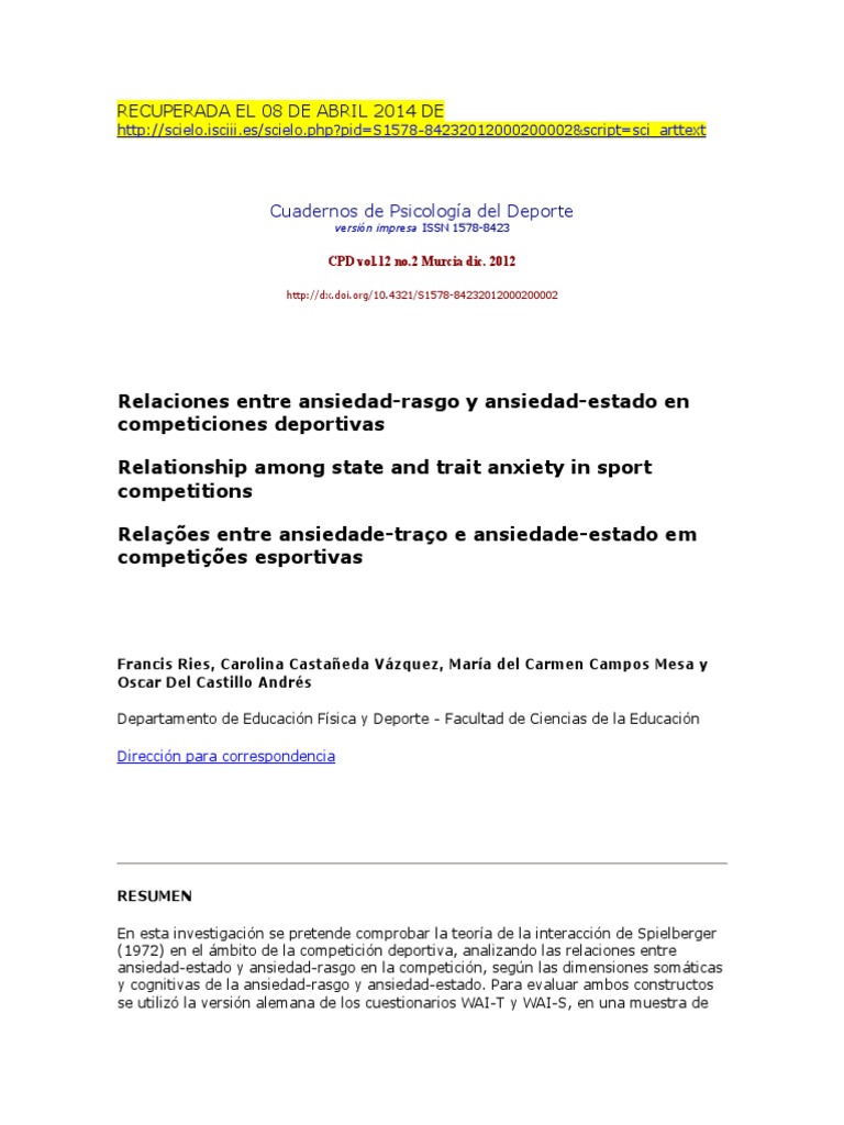 Relaciones Entre Ansiedad-Rasgo y Ansiedad-Estado en Competiciones Deportivas | PDF | Validez ...