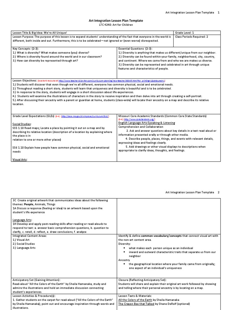 Unique Diversity Art Lesson Plan | PDF | Lesson Plan | Reading ...