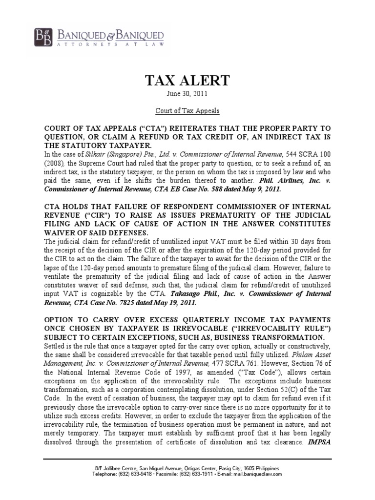 Tax Alert BIR Ruling 142-2011 | Internal Revenue Service | Taxes