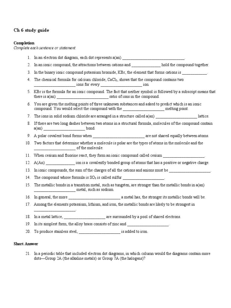 CH 6 Study Guide | PDF | Ionic Bonding | Chemical Compounds