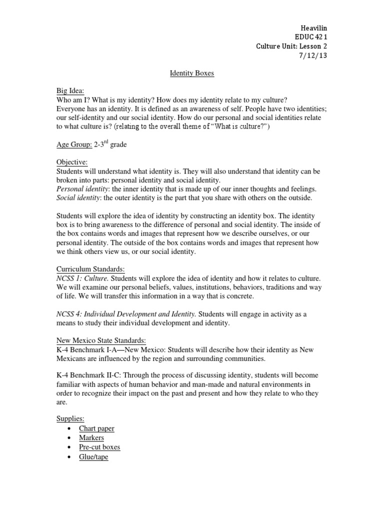 Identity Boxes Lesson Plan | PDF | Identity (Social Science) | Self Concept
