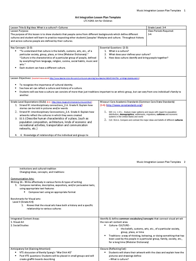 Art Integration Lesson Plan Template | PDF | Traditions | Lesson Plan