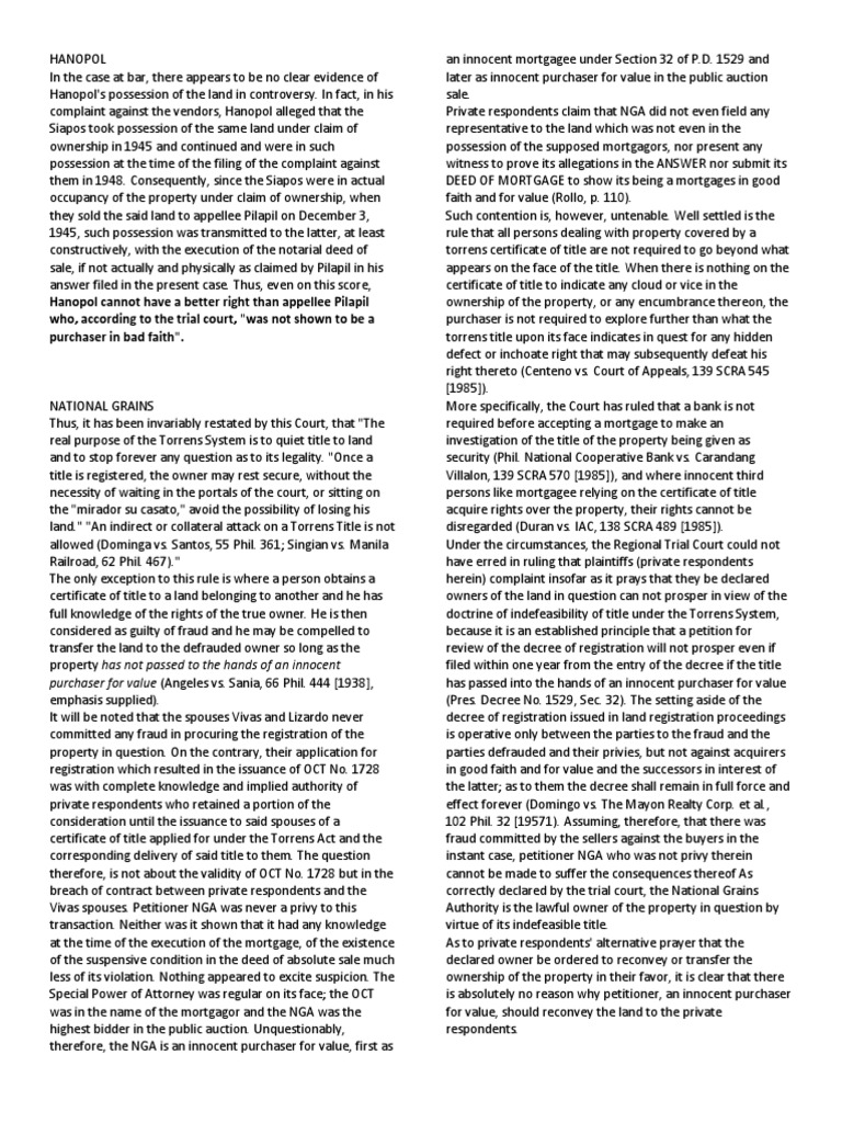 Hanopol Cannot Have A Better Right Than Appellee Pilapil Who, According ...