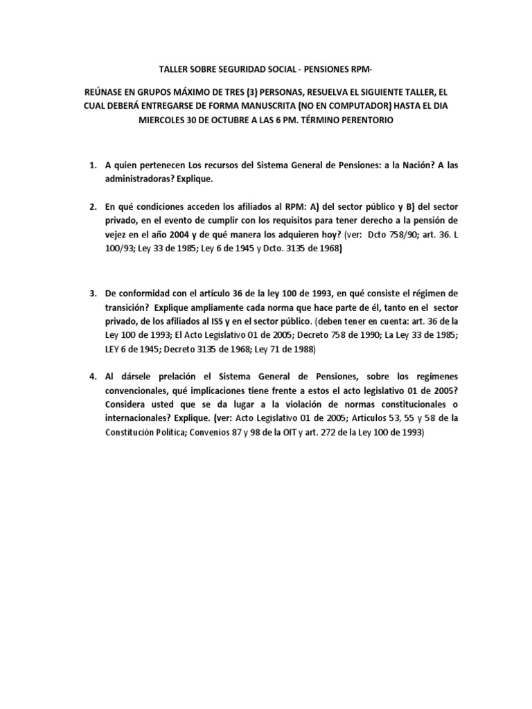 Taller #2 Sobre Seguridad Social Pensiones | PDF