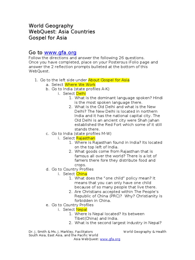 World Geography WebQuest: Asia Countries Gospel For Asia Go To | PDF ...