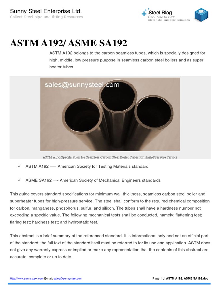 Astm A192 Asme Sa192 | PDF | Pipe (Fluid Conveyance) | Building Engineering