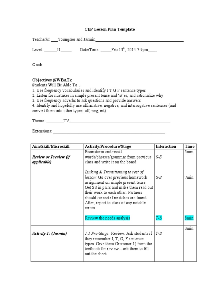 Cep Lesson Plan Feb 13 Efolio2 | PDF | Rules | Linguistic Typology
