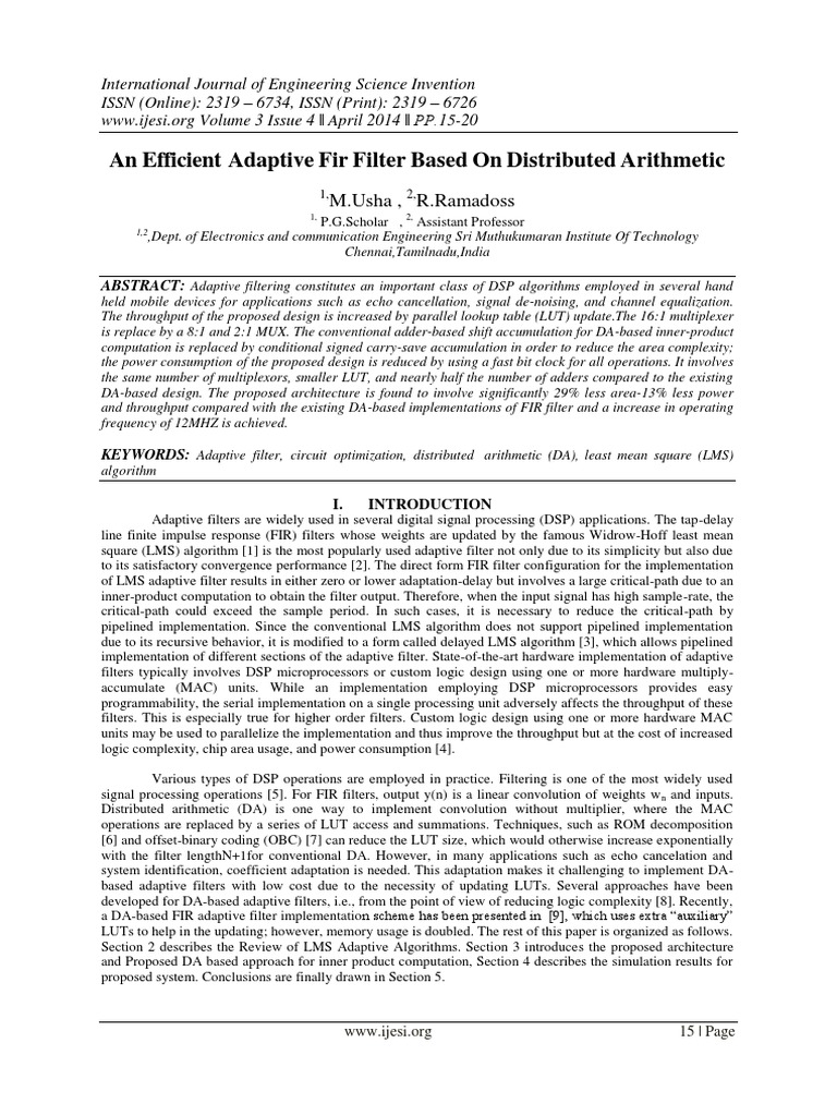 An Efficient Adaptive Fir Filter Based On Distributed Arithmetic | PDF | Digital Signal ...