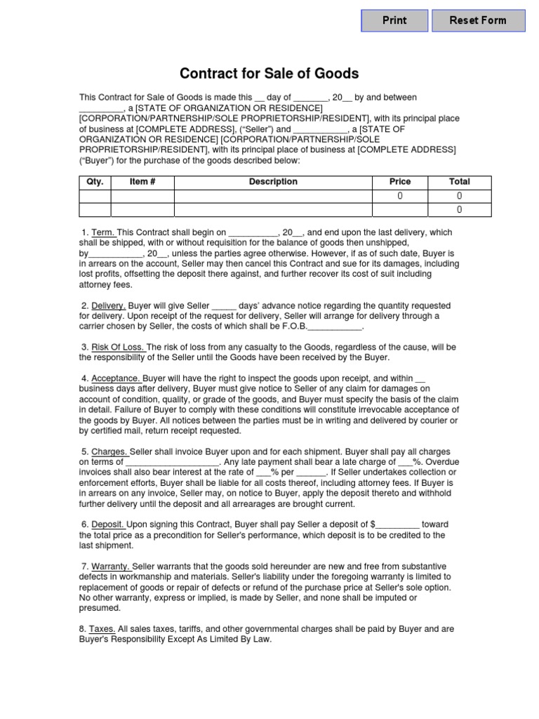 Simple Blank Contract For Sale of Goods | Sales | Invoice