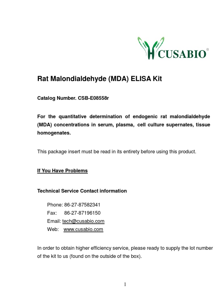 Rat MDA ELISA Kit Instructions | PDF | Elisa | Laboratories