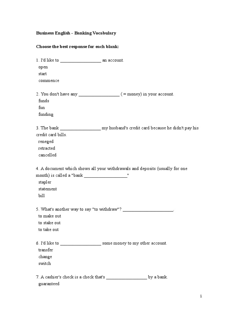 Test Business English Banking Vocabulary | PDF | Diversification ...