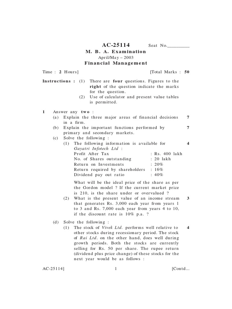 Financial Management Mba Question Paper | PDF | Money | Economies