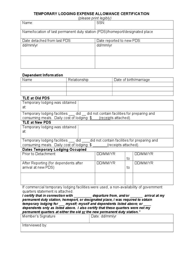 Temporary Lodging Expense Certification | PDF | Finance & Money ...