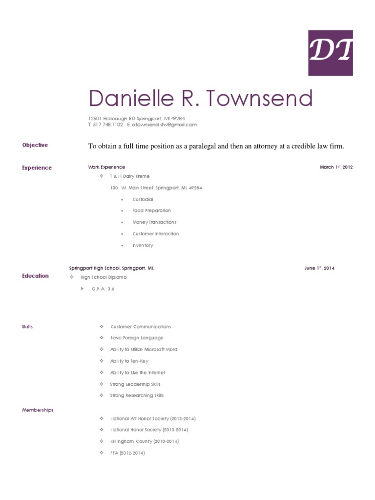 Danielle R. Townsend: To Obtain A Full Time Position As A Paralegal and ...