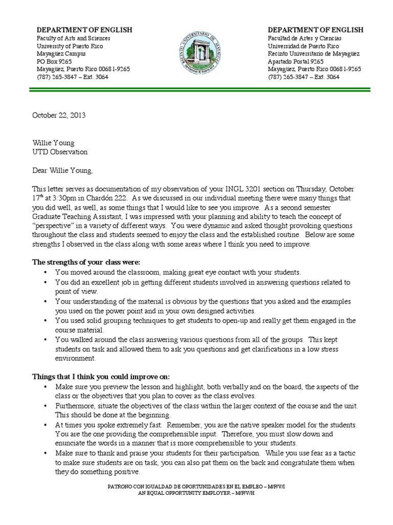 Willie Young Observation Letter 1 | PDF | Teaching | Cognition
