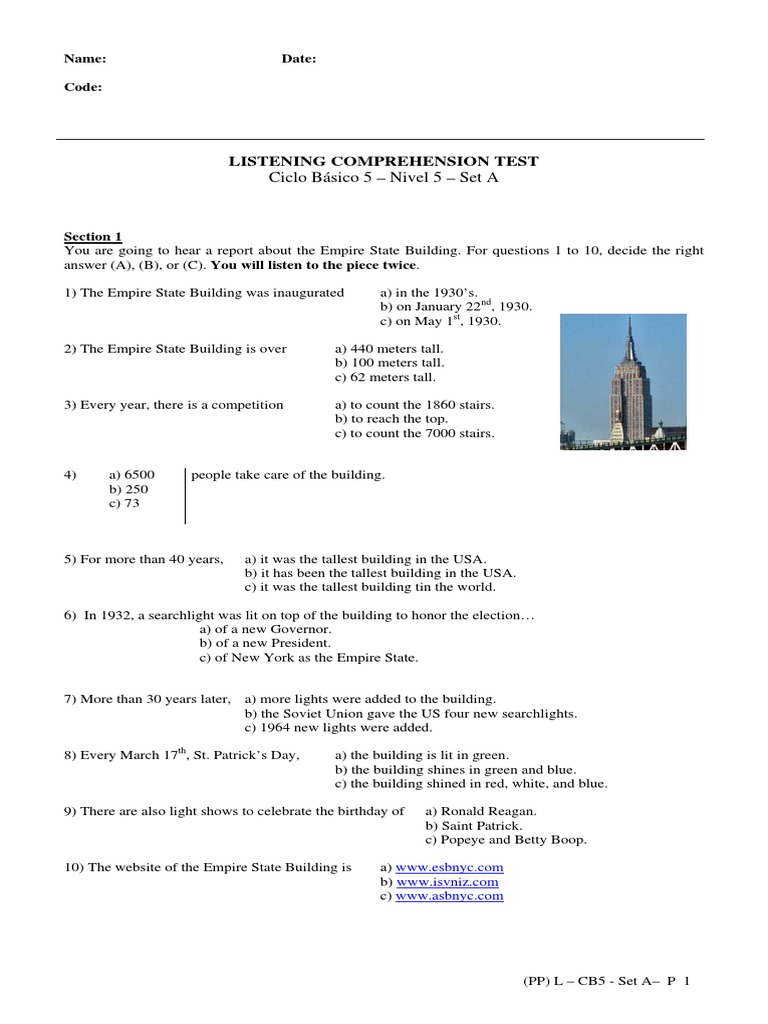 Listening Comprehension Test: Ciclo Básico 5 - Nivel 5 - Set A ...