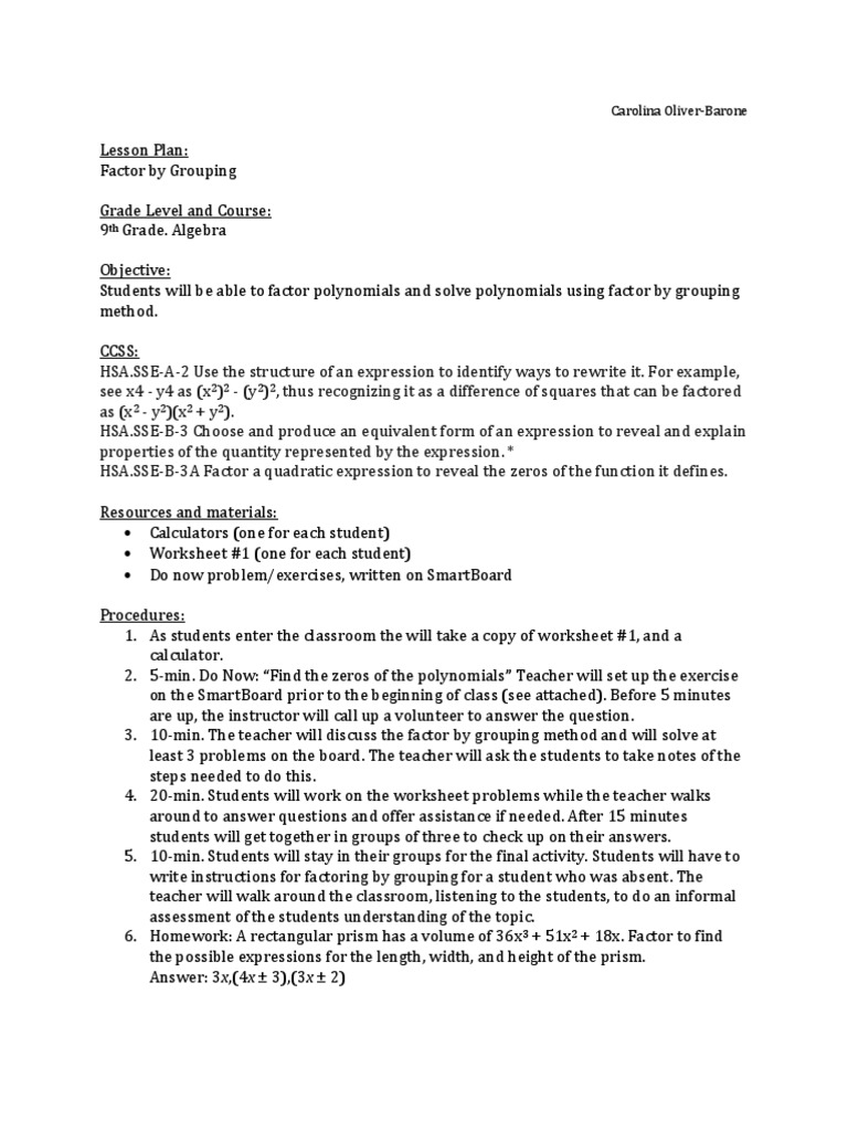 Factor by Grouping Lesson Plan | PDF | Polynomial | Educational Assessment