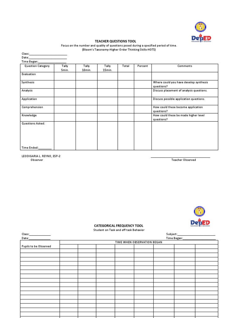 Observation Tools | PDF | Reading Comprehension | Teachers