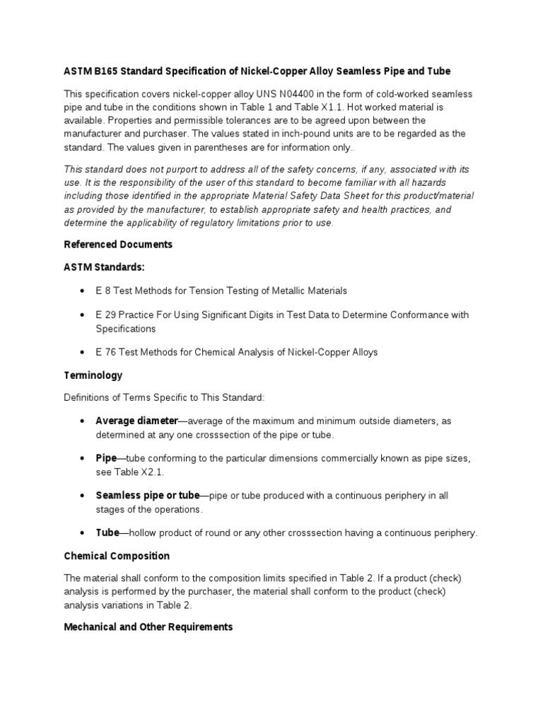 ASTM B165 Nickel-Copper Alloy Pipe | PDF | Pipe (Fluid Conveyance ...