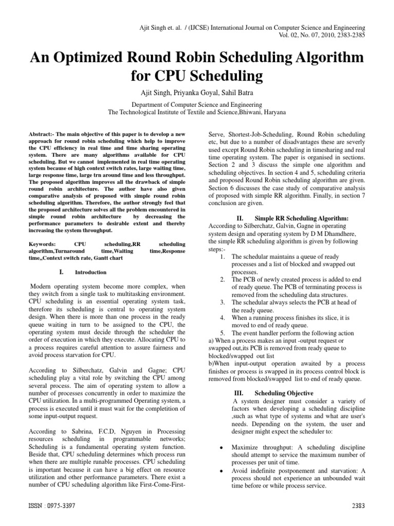 An Optimized Round Robin Scheduling Algorithm For Cpu Scheduling Pdf Pdf Scheduling