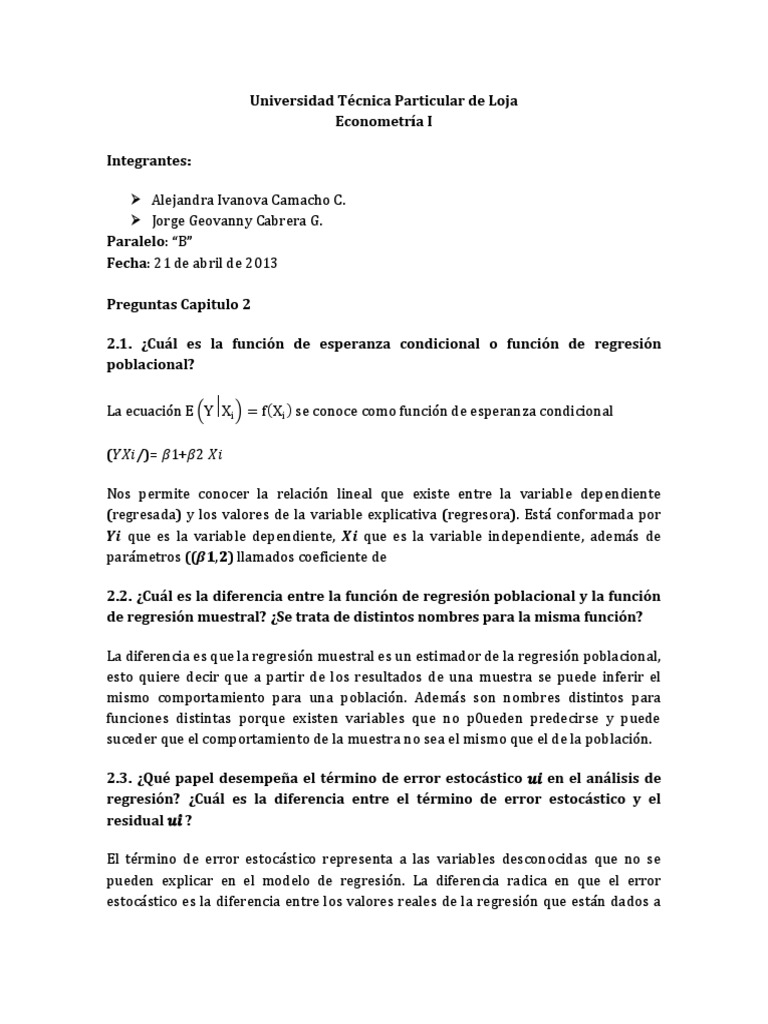 Preguntas Econometria Deber Cap 2 | PDF | Regresión lineal | Análisis de regresión