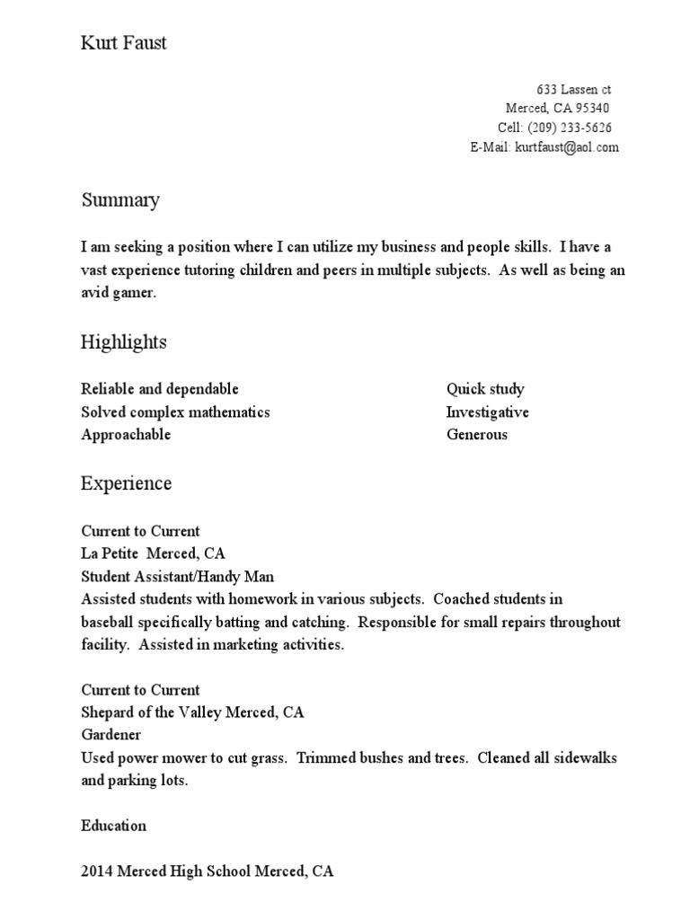 Kurt Faust's Resume and Skills Summary | PDF | Sports & Recreation ...