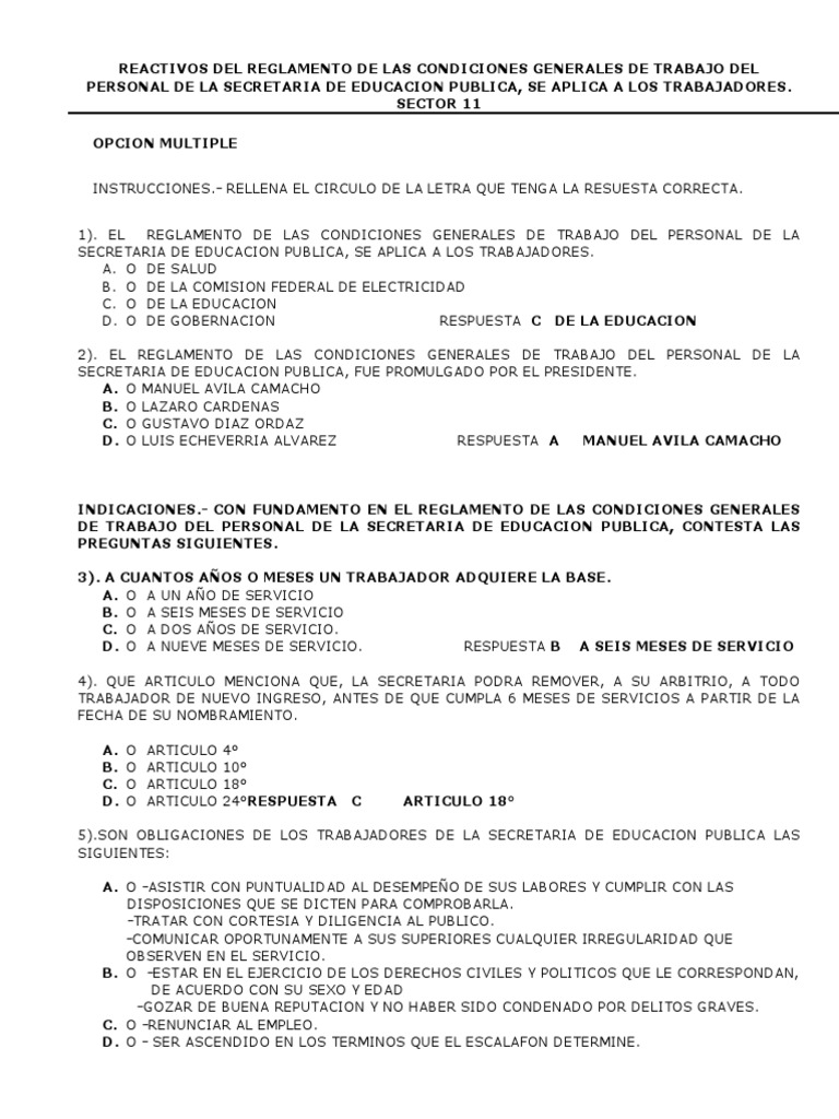 Reactivos Reglamento de Las Condiciones Generales de Trabajo Del ... Reactivos Reglamento de Las Condiciones Generales de Trabajo Del ...