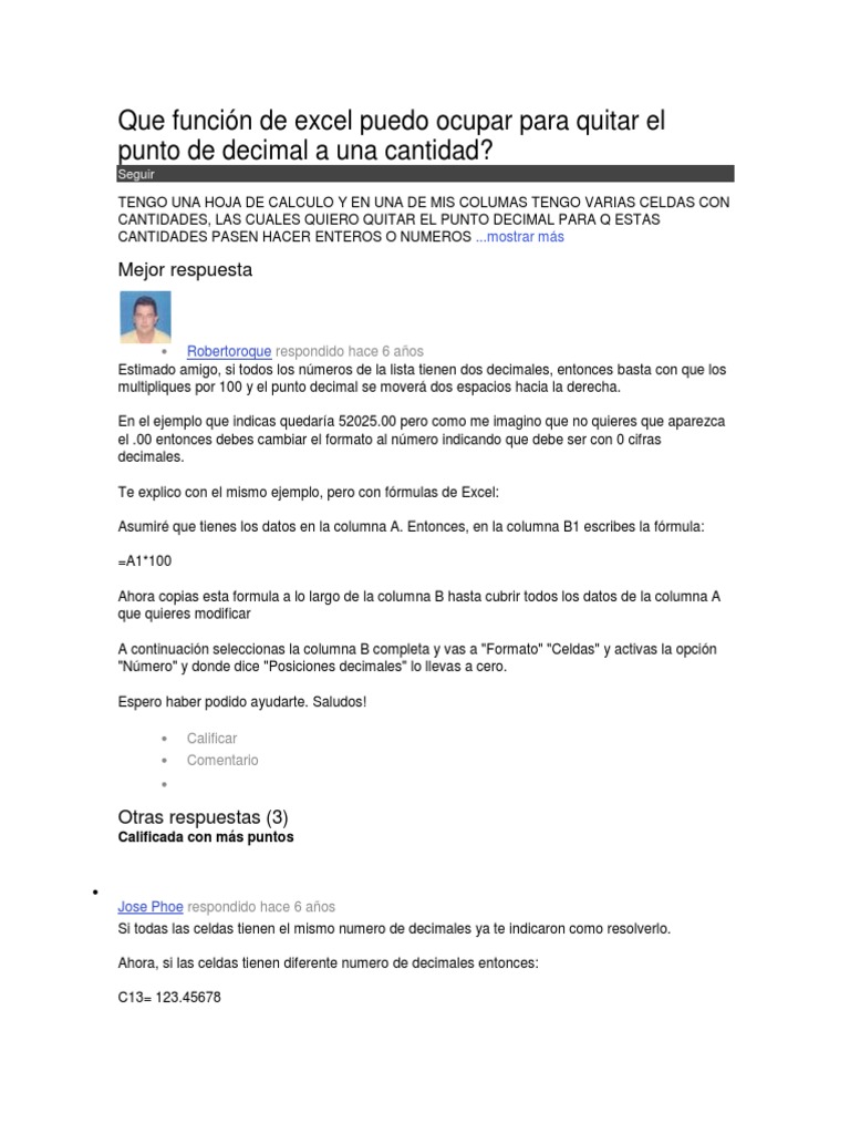 Que Función de Excel Puedo Ocupar para Quitar El Punto de Decimal A Una Cantidad | PDF ...