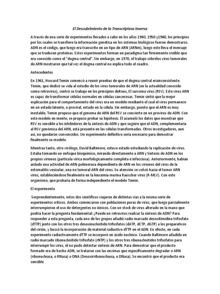 El Descubrimiento de La Transcriptasa Inversa | PDF | La transcriptasa ...