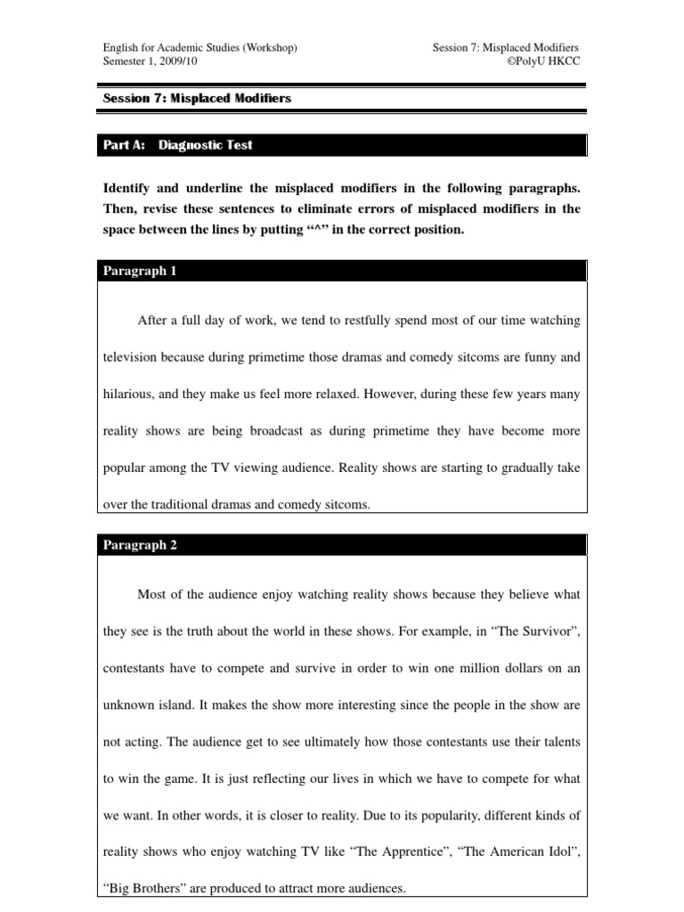 Workshop Session 7 Misplaced Modifiers | PDF
