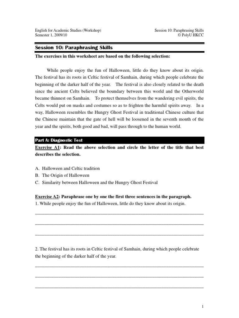Workshop Session 10 Paraphrasing Skills | PDF