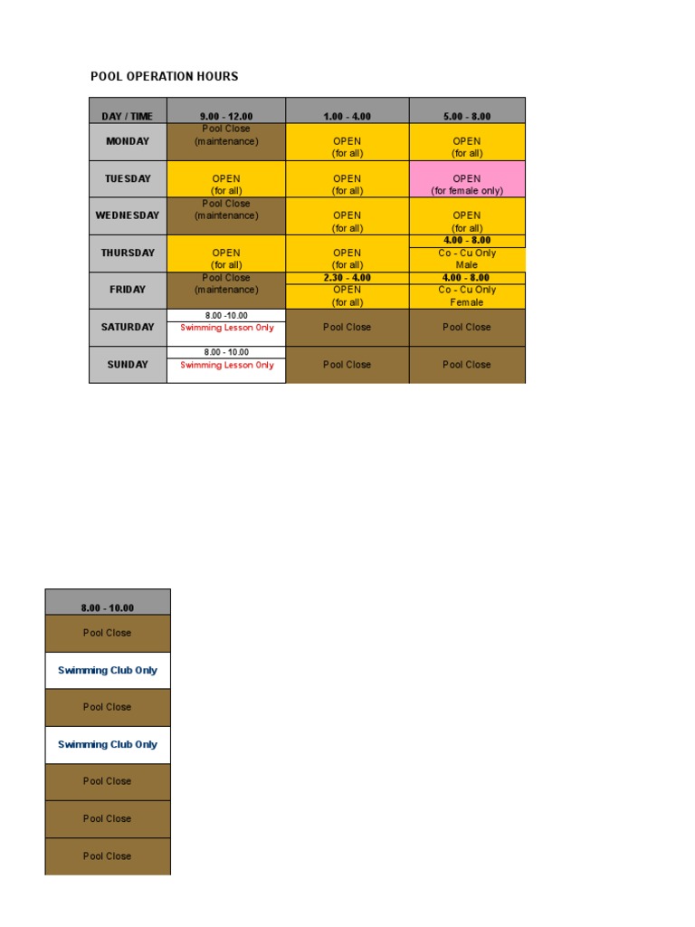 Swimming Pool Schedule | PDF
