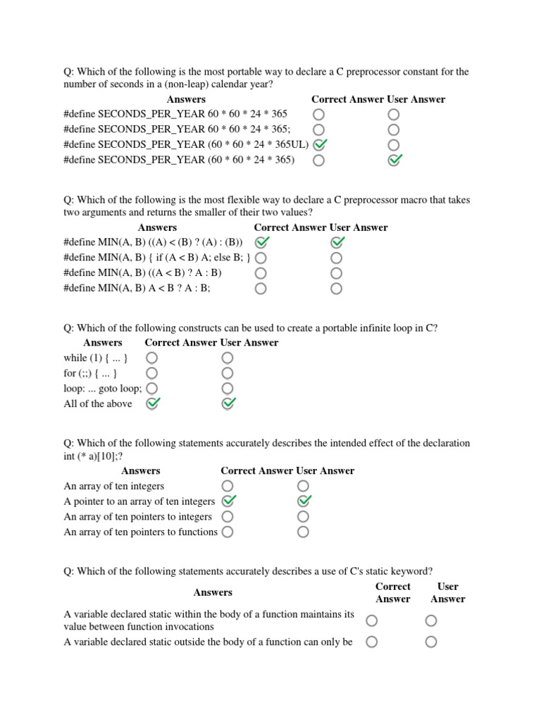 Answers Correct Answer User Answer Pdf C Programming Language Pointer Computer Programming