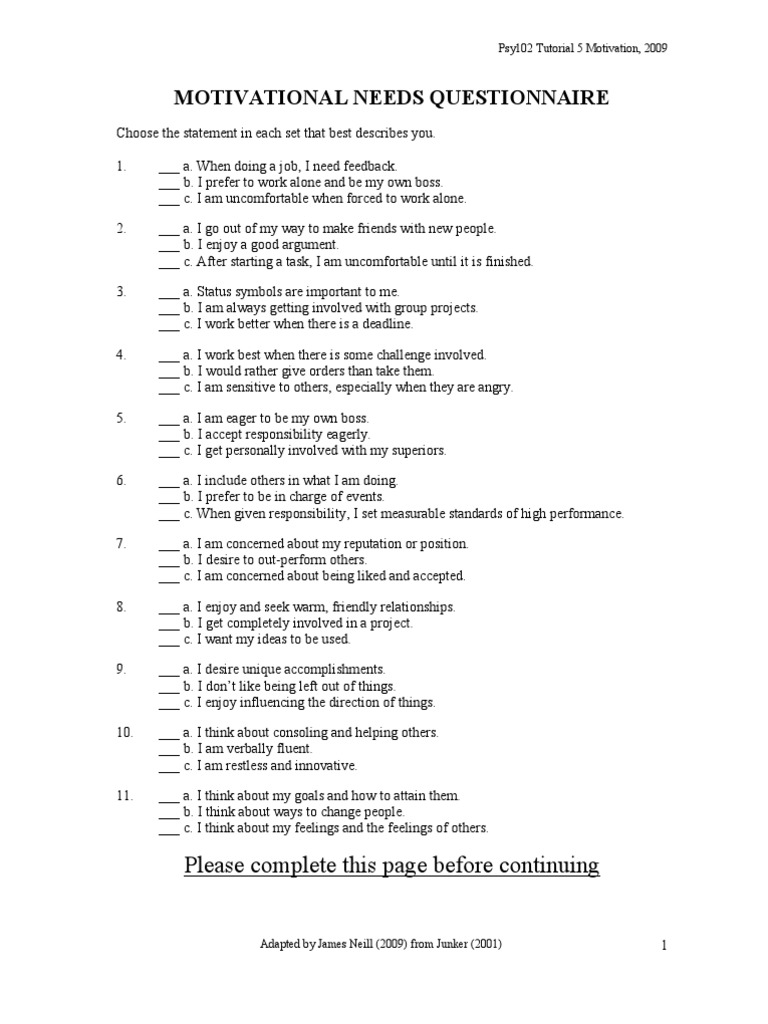 Motivational Needs Questionnaire 2009 | Motivation | Motivational