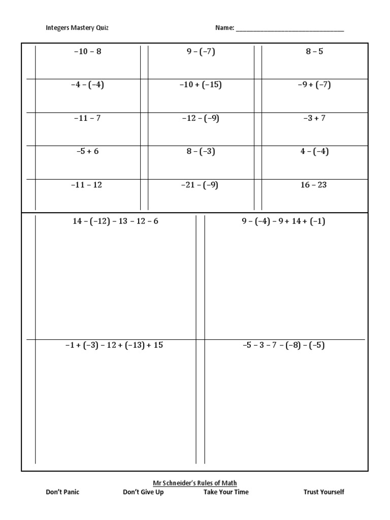 Integers Mastery Quiz Name: - : Don't Panic Don't Give Up Take Your ...